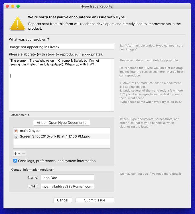 Reporting a bug within Hype - Getting Started - Tumult Forums